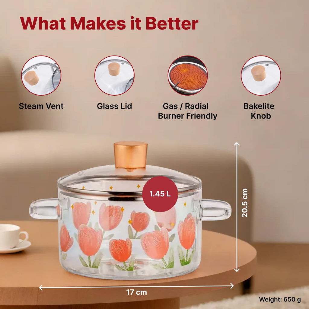 USHA SHRIRAM Borosilicate Tope with Lid & Handle (1.45L) | Handi Casse ...